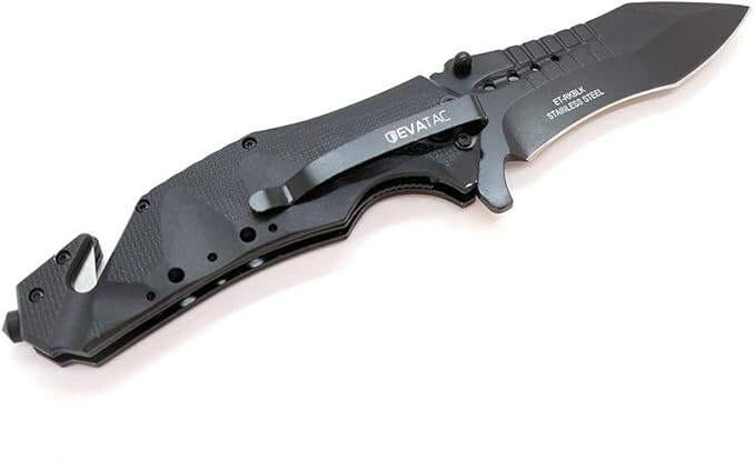 Evatac Rescue Knife Spring Assist Folding Knife Shadow Black 1/8" Blade ...