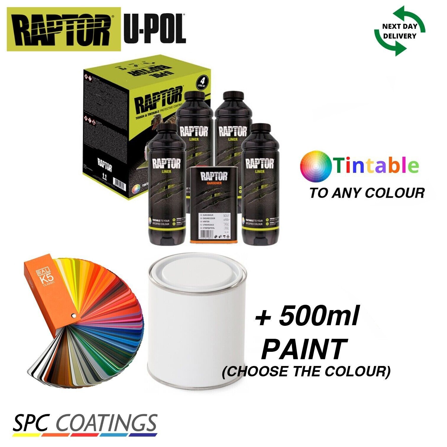 RAPTOR Tintable 3.8l KIT (4 Bottles) UPOL + PAINT 500ml BUNDLE NEW ...