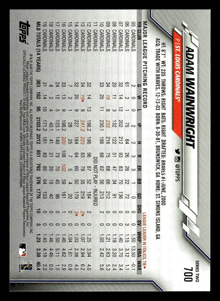 2020 Topps #700 Adam Wainwright Gold Star Variation | eBay