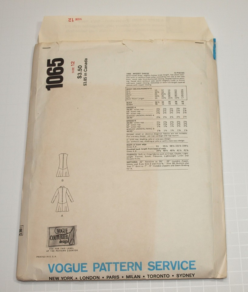 Vintage VOGUE Couturier Sewing Pattern FABIANI 1065 Sz 12 UNCUT/FF ...