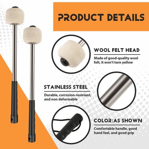 2 Pcs 12.5Inch Bass Steel Drum Mallets,Wool Felt Drum Sticks with ...