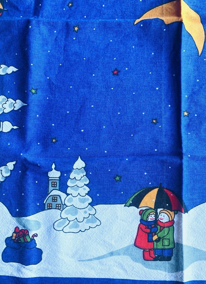 Vintage Germany Christmas Tablecloth-Kids Umbrellas Snow-Blue White ...