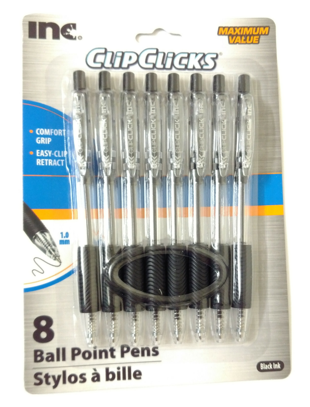 Clip Click Retractable Ball Point Pens 1.0 Mm Black Ink Set of 8 for ...