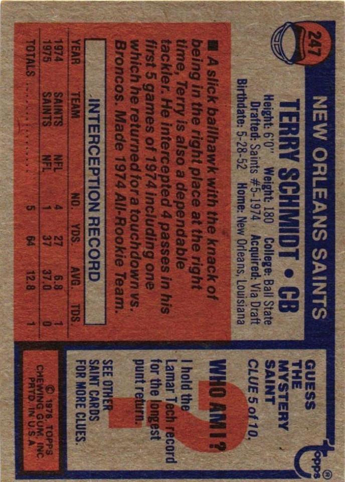 TERRY SCHMIDT 1976 Topps FB #247 FREE SHIP 50% OFF B1001R3S2P8 | eBay