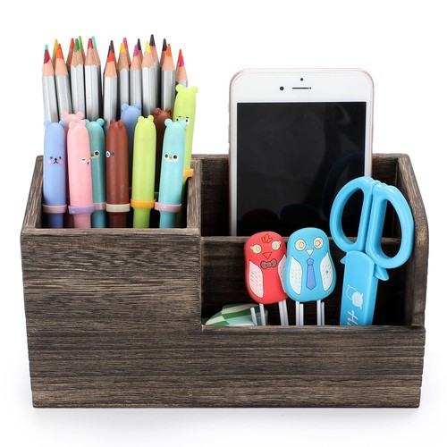 Desk Pen Pencil Holder Retro Wood Multi-Function Desk Stationery ...