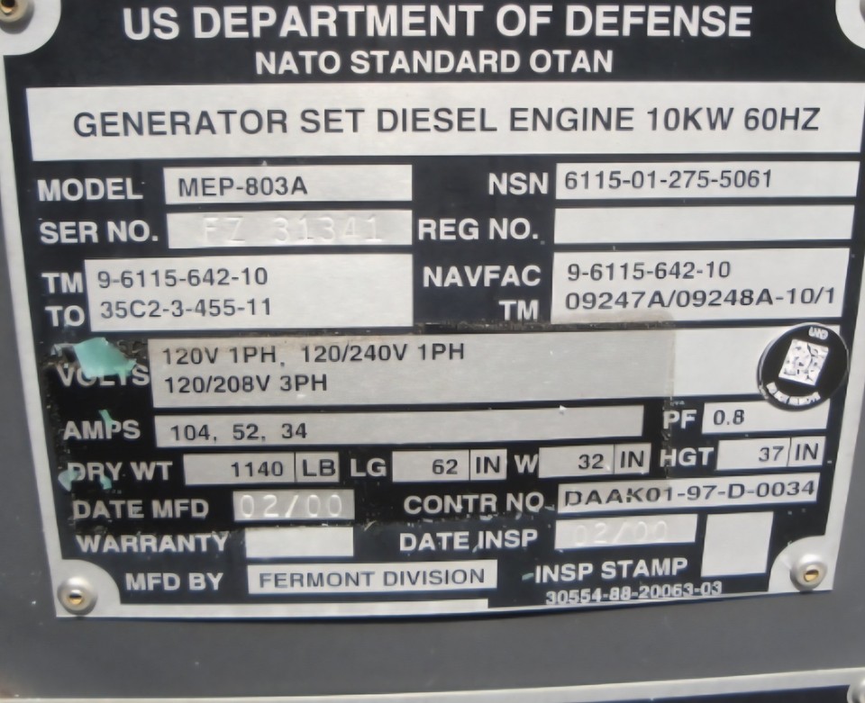 2000 10KW MILITARY DIESEL GENERATOR MEP-803A ONLY 291 HOURS- SHIPPING ...