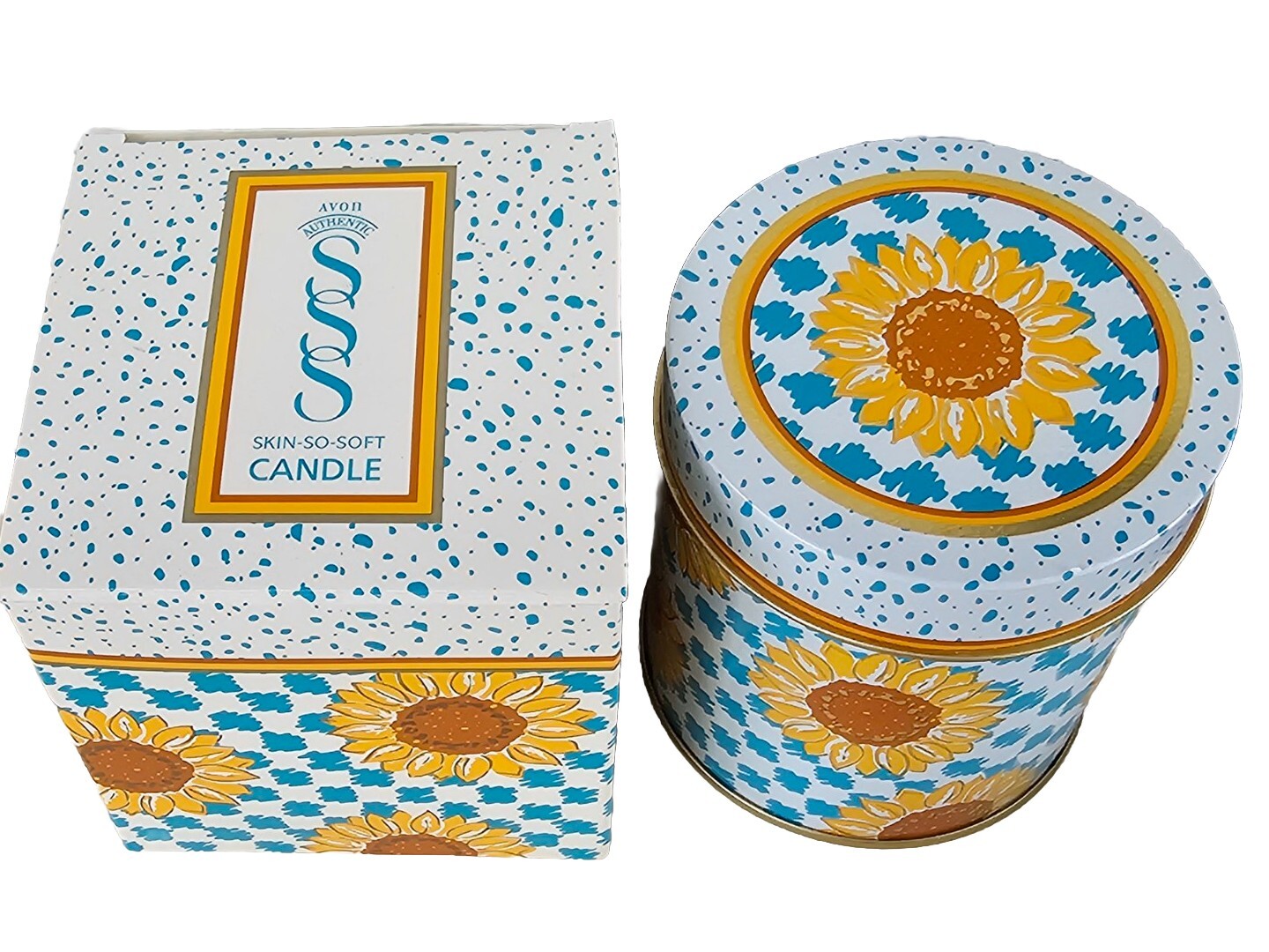 New Vintage AVON Skin So Soft Candle Sunflower Tin 1995 Woodland Fresh ...