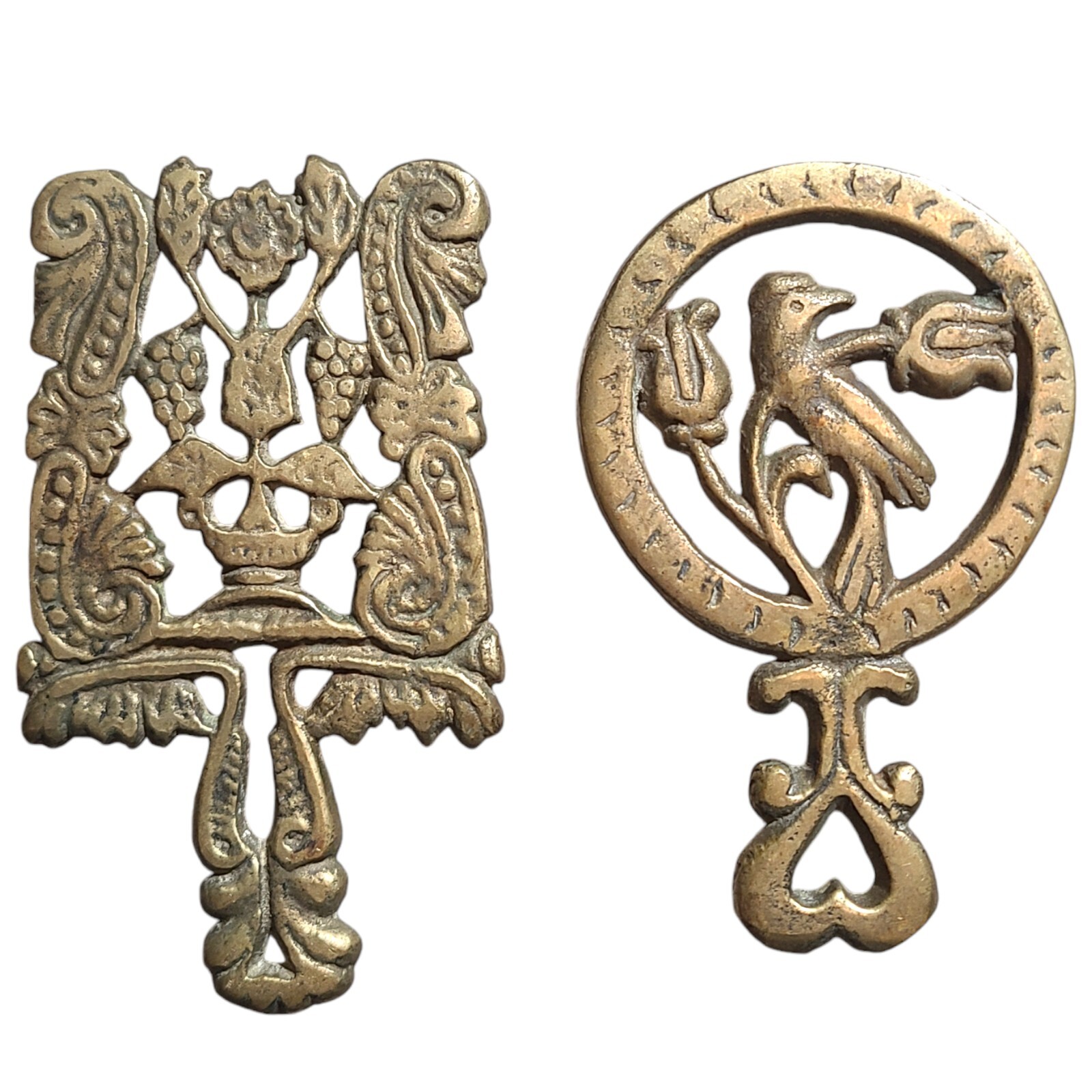Vintage (Lot of 2) Cast Brass Mini Trivet Grapes & Bird with Flowers 4. ...