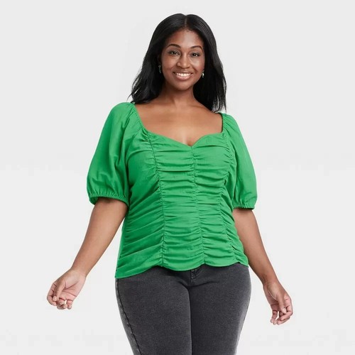 Ava & Viv Women's Plus Size Puff Short Sleeve Blouse Green 1X | eBay