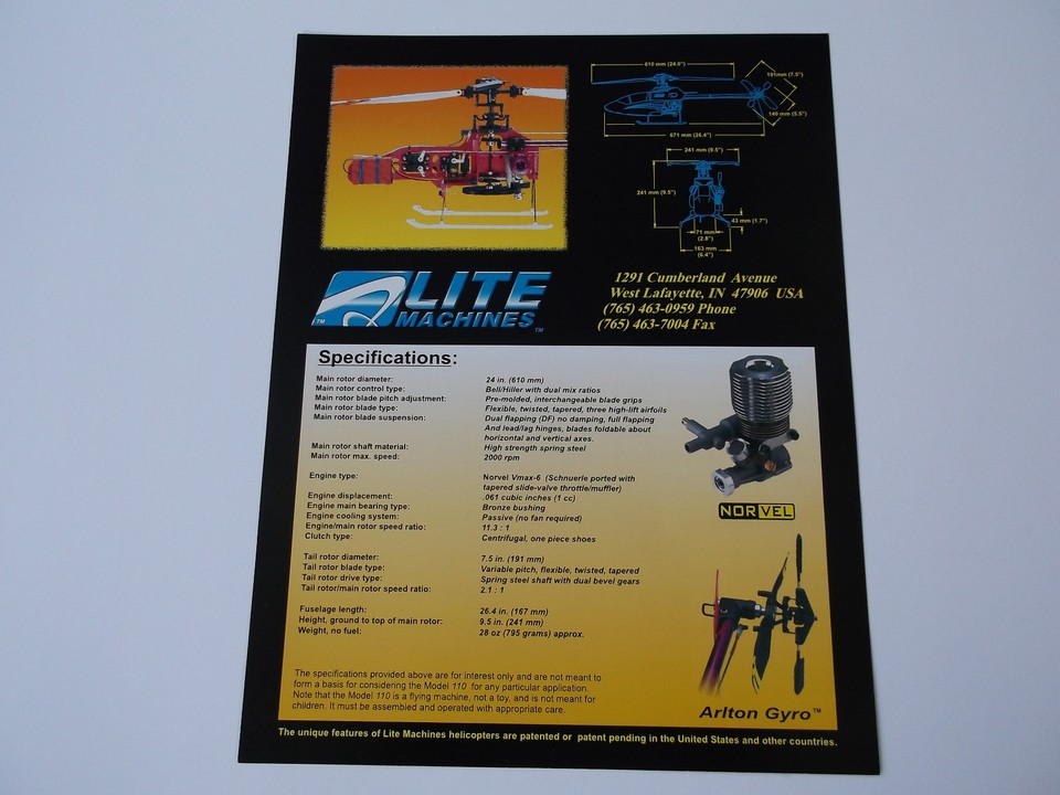 VINTAGE LITE MACHINES MODEL 110 R/C MODEL HELICOPTER BROCHURE 4 PAGE ...