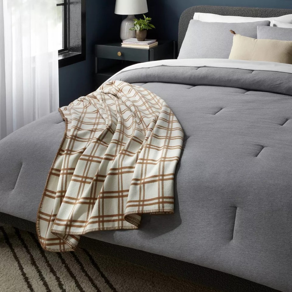 Full/Queen Brushed Cotton Blanket Ivory/Brown Plaid - Threshold | eBay
