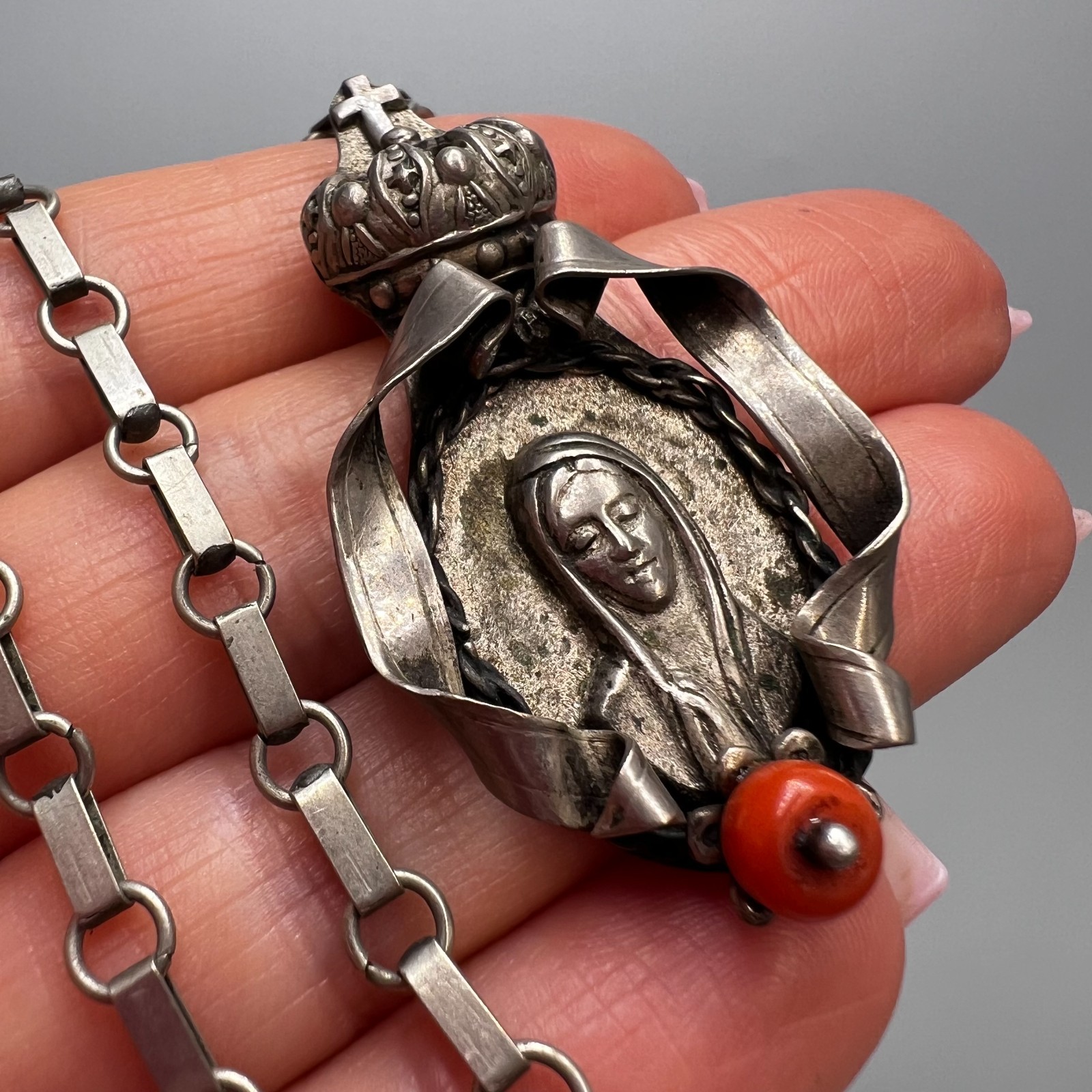 Vintage Italian Silver Madonna Pendant Icon Necklace Natural Coral Bead ...