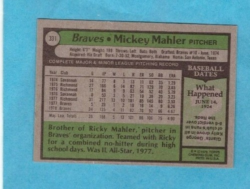 1979 Topps Baseball Card #331 Mickey Mahler Braves | eBay