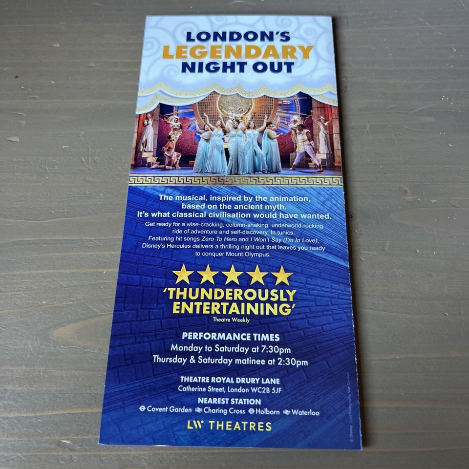 Disney HERCULES Musical Flyer / Handbill 2025 Theatre Royal Drury Lane ...