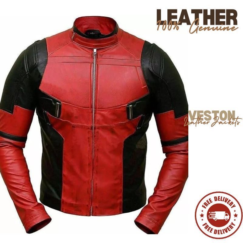 Men’s Ryan Reynolds Distressed Biker Waxed Leather Jacket Deadpool Red ...