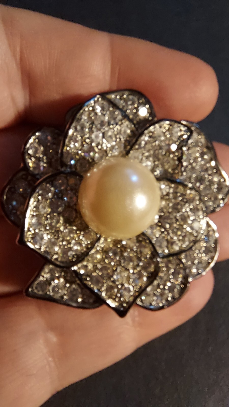 VINTAGE STUNNING HUGE PEARL & CRYSTAL FLOWER BROOCH B… - Gem