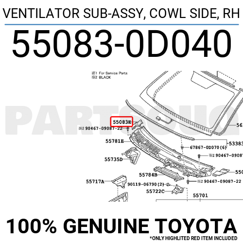 550830D040 Genuine Toyota VENTILATOR SUB-ASSY, COWL SIDE, RH 55083 ...