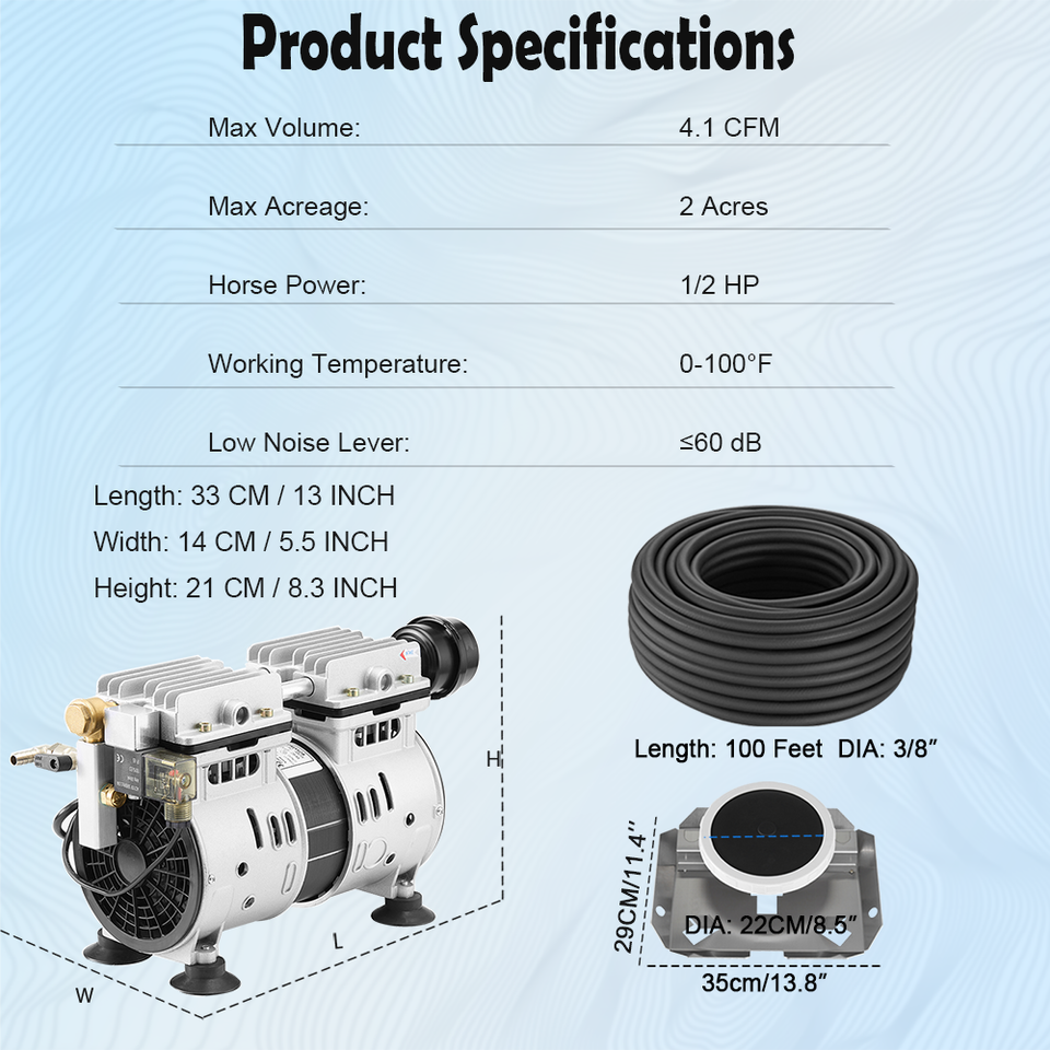 Pond Aerator Lake Compressor 100' Airline Diffuser Timer Aeration ...