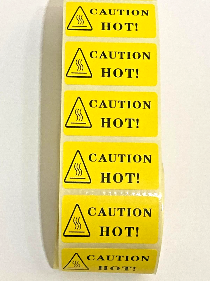 CAUTION HOT Labels sticker warn 50mm x 25mm yellow FOOD AND HOT DRINK ...