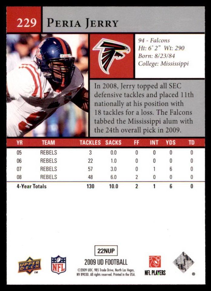 2009 Upper Deck #229 Peria Jerry Atlanta Falcons Rookie RC | eBay