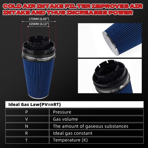 4'' 102mm Long High Flow Inlet Cone Dry Filter Cold Blue Air Intake ...