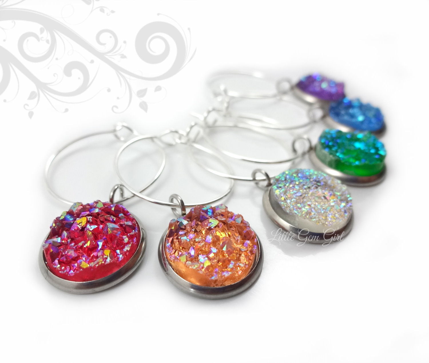 Set of 6 Faux Rainbow Crystal Druzy Wine Glass Charms Red Orange Blue ...
