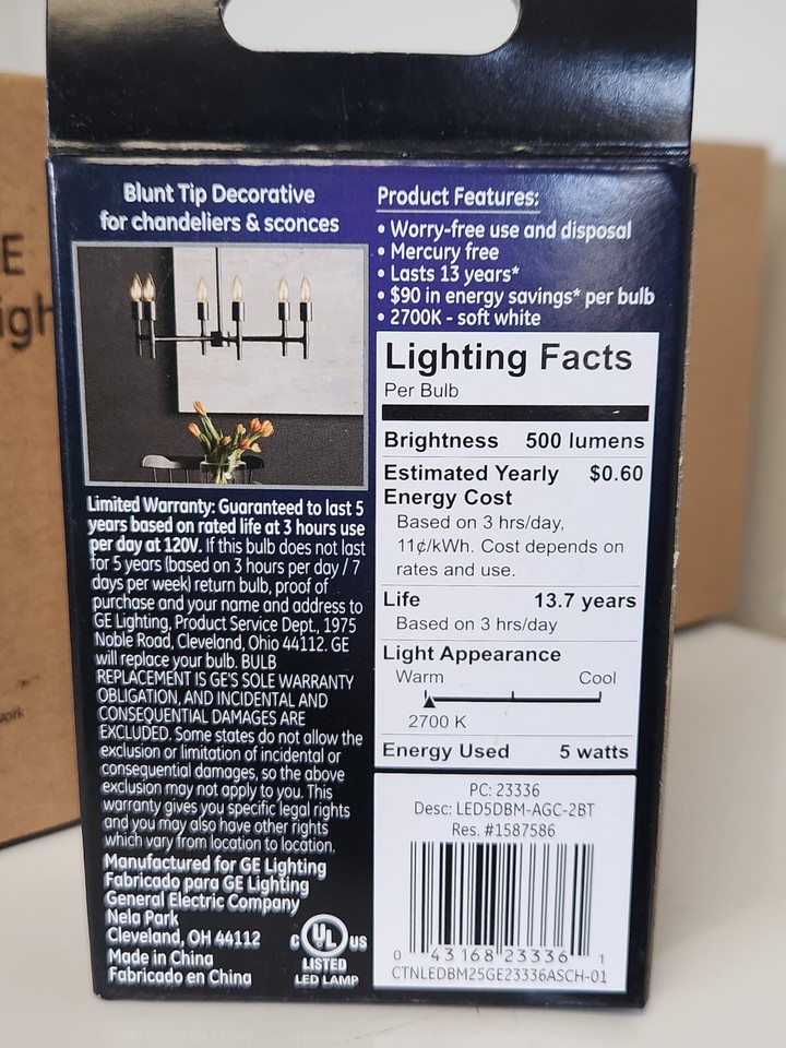 GE 60w LED Light Bulbs (Case Of 12) Candelabra Soft White 500 Lumens ...