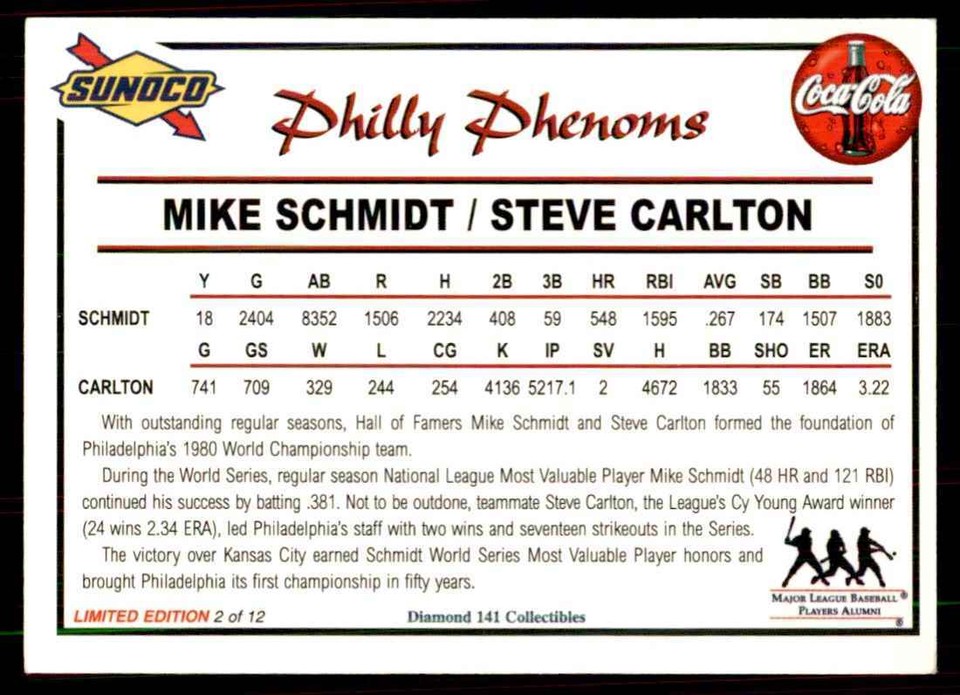 2001 Sunoco Dream Team Mike Schmidt/Steve Carlton 100 Baseball Cards #2 ...