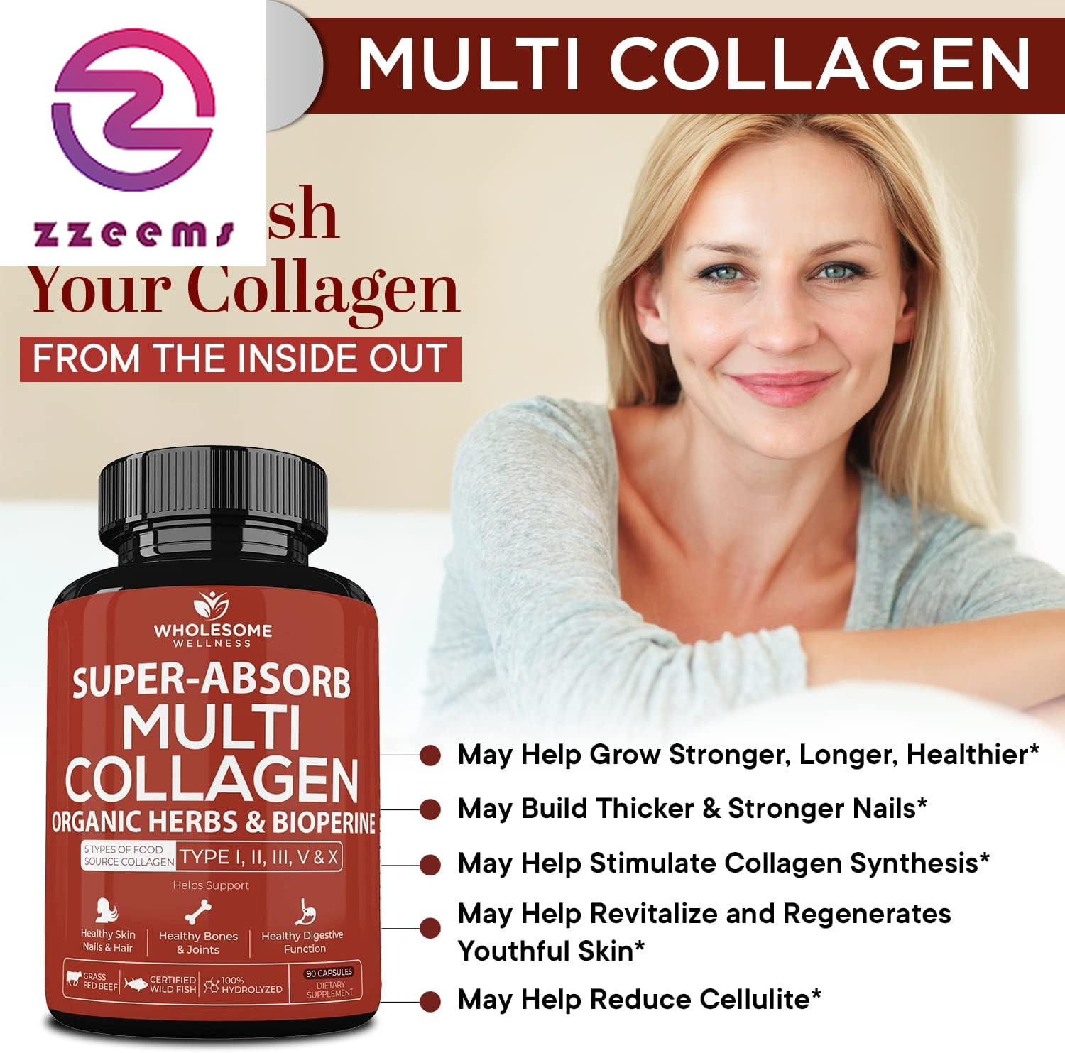 Super-Absorb Multi Collagen Pills (Type I II III V X) Organic Herbs and ...
