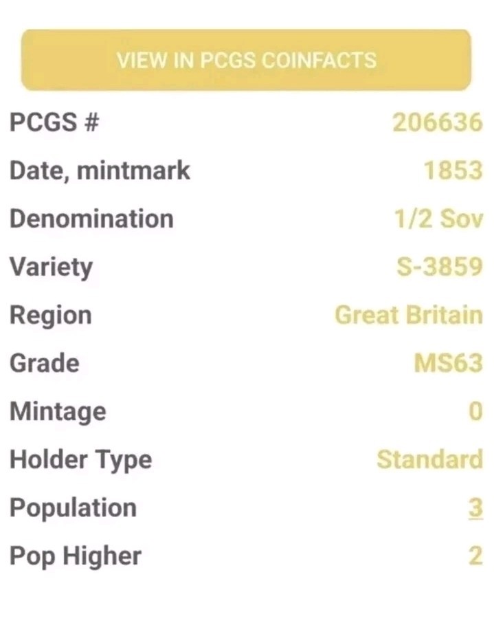 1853 Great Britain Half Sovereign Gold Coin Slabbed By PCGS MS63 RARE ...