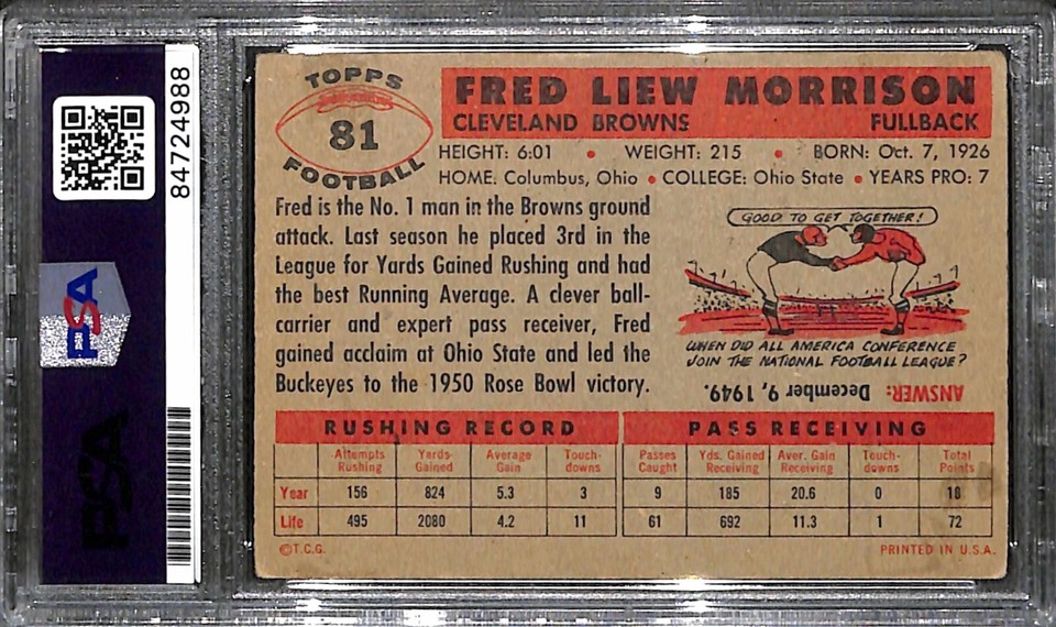 Fred "Curly" Morrison 1956 Topps Signed Autographed Rookie Card #81 (RC ...