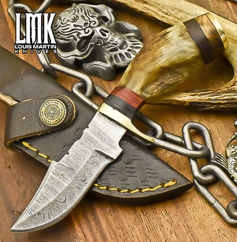 LMK Hand Crafted Hunting Skinner Knife Twist Damascus Ram's Horn Sports ...
