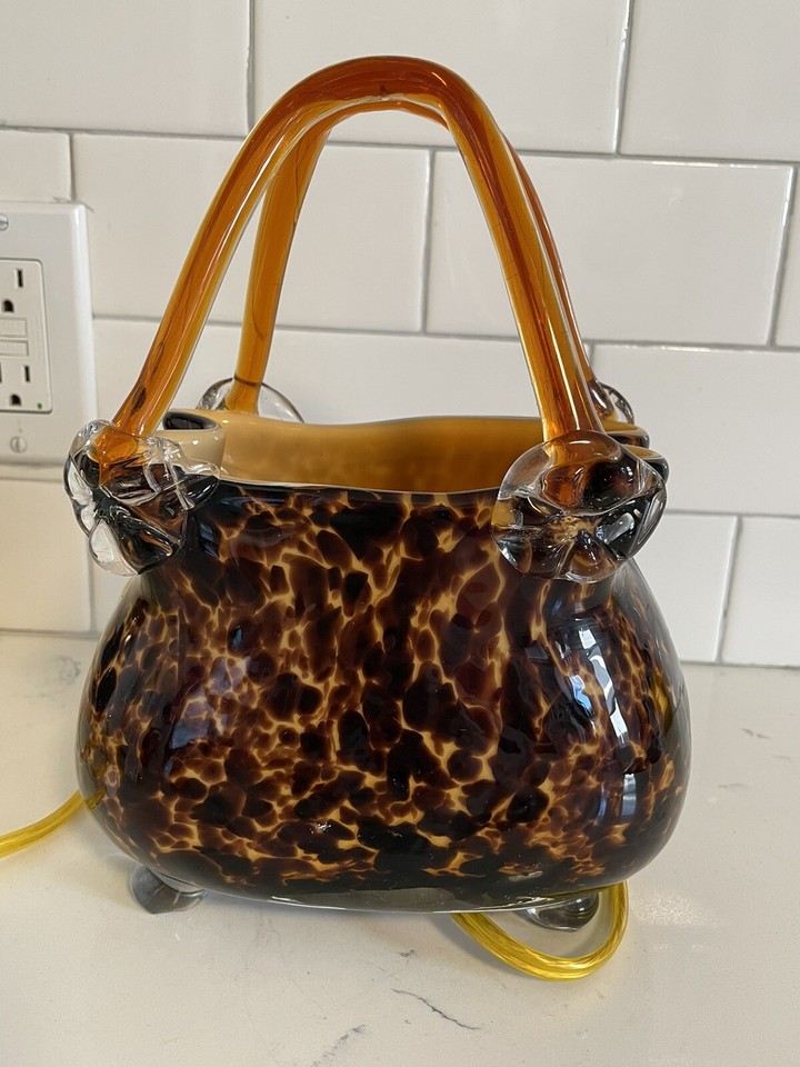 Murano Style-Glass Purse-Hand Blown Studio Art Glass Amber Leopard 9 ...