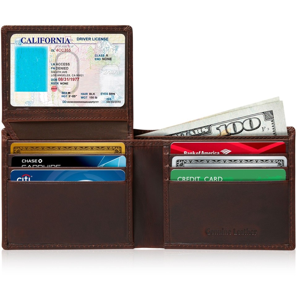 Genuine Leather Mens Wallets Bifold W/ Flip-UP Card Holder For Men RFID ...
