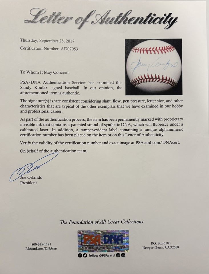 Sandy Koufax Gorgeous Signed National League ONL Autograph Baseball PSA ...