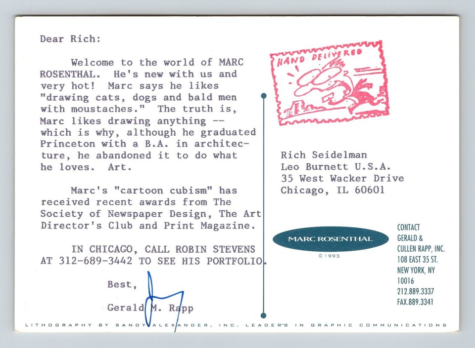 1993 Marc Rosenthal Cartoon Cubism Art Postcard Signed by Gerald M ...