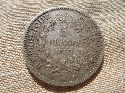 1873K France 5 Francs 90% Silver Crown Size Coin, French, Hercules, 3rd ...