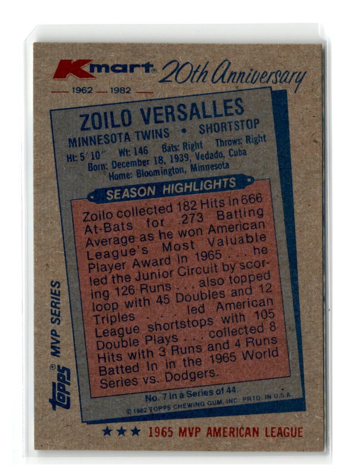 1982-Topps Kmart 20th Anniversary -#7-Zoilo Versalles -Minnesota Twins ...