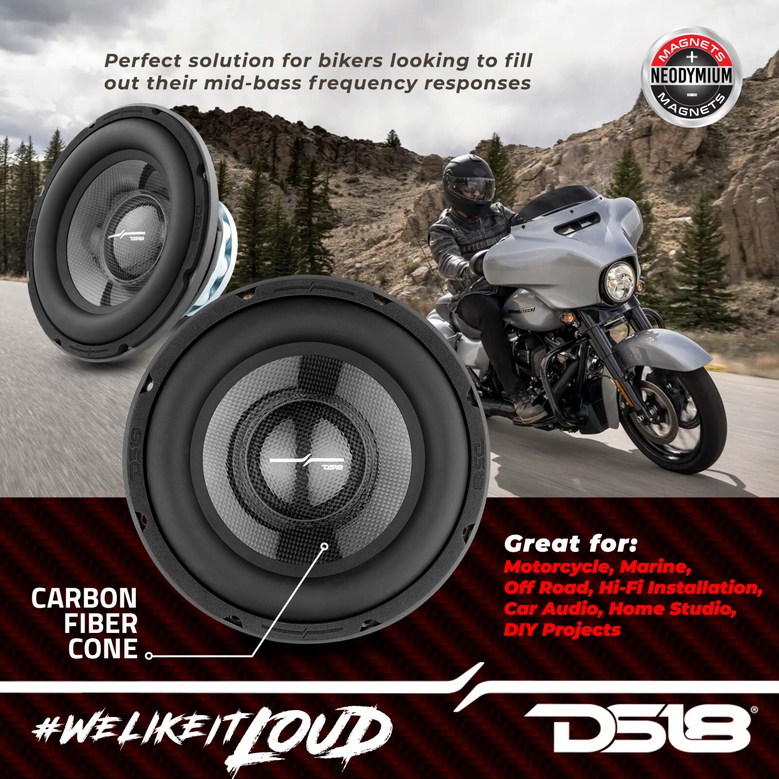 DS18 PRO-RY8.4NMB 8" Carbon Fiber Mid Bass Water Resistant Speaker ...