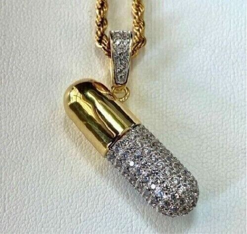 2.66Ct Round Cut Simulated Diamond Capsule Charm Pendant 14K Yellow ...