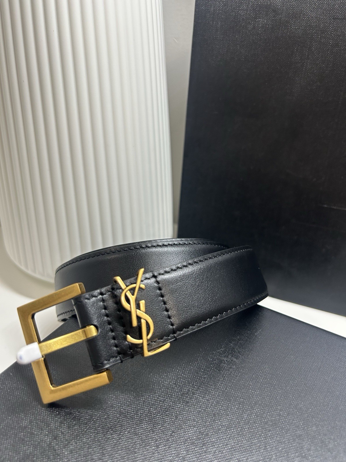 YSL Saint Laurent Black Leather Belt Size 85, YSL Logo Buckle