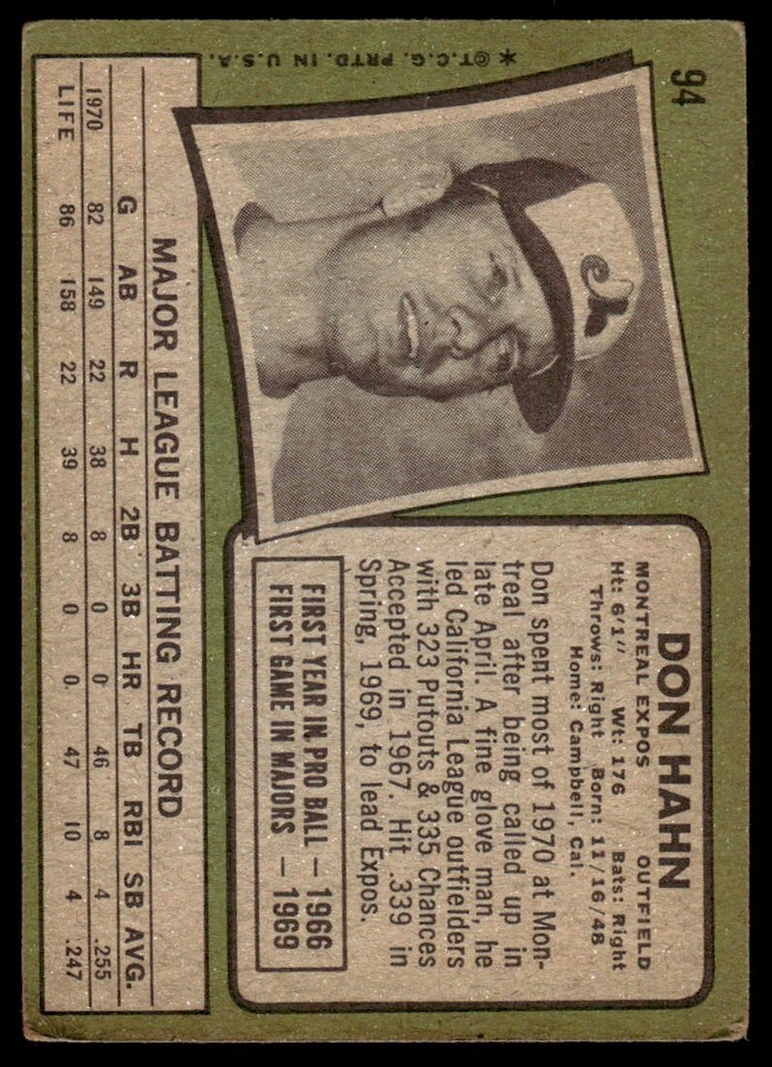 1971 Topps Baseball Card Don Hahn Montreal Expos #94 | eBay