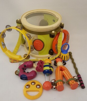 Kids colorful musical instrument set drum 'box' drumstick 5 tambourines ...
