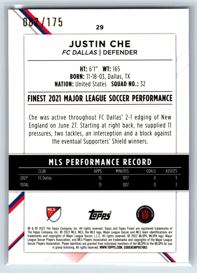 Justin Che 2022 Finest MLS Speckle Refractor RC,SN #/175 FC Dallas #29 ...