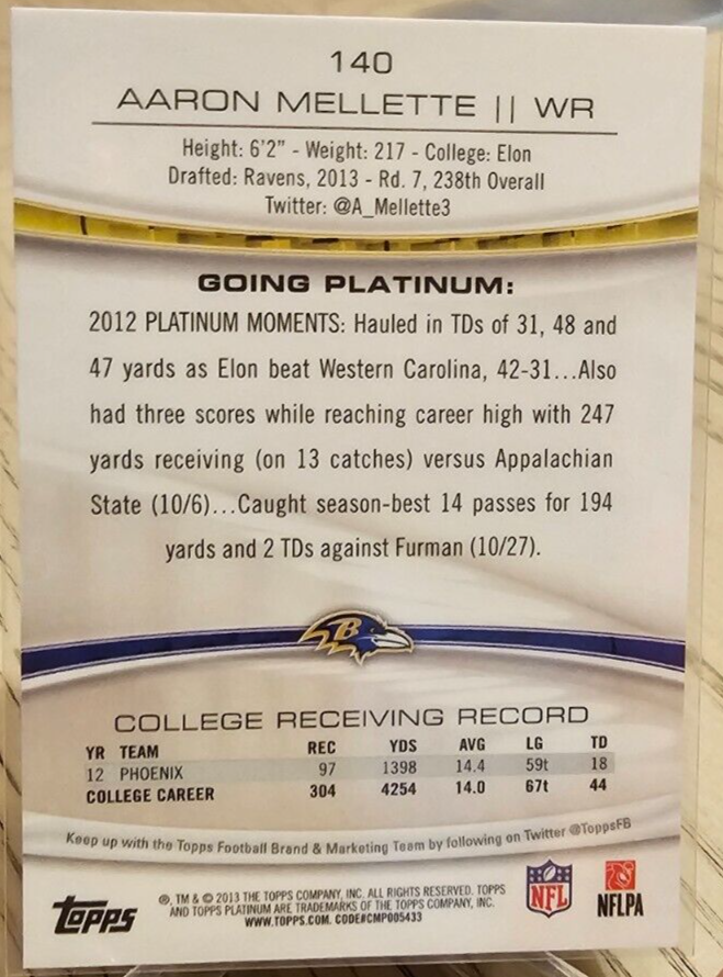 2013 Topps Platinum Aaron Mellette RC #140 Baltimore Ravens | eBay