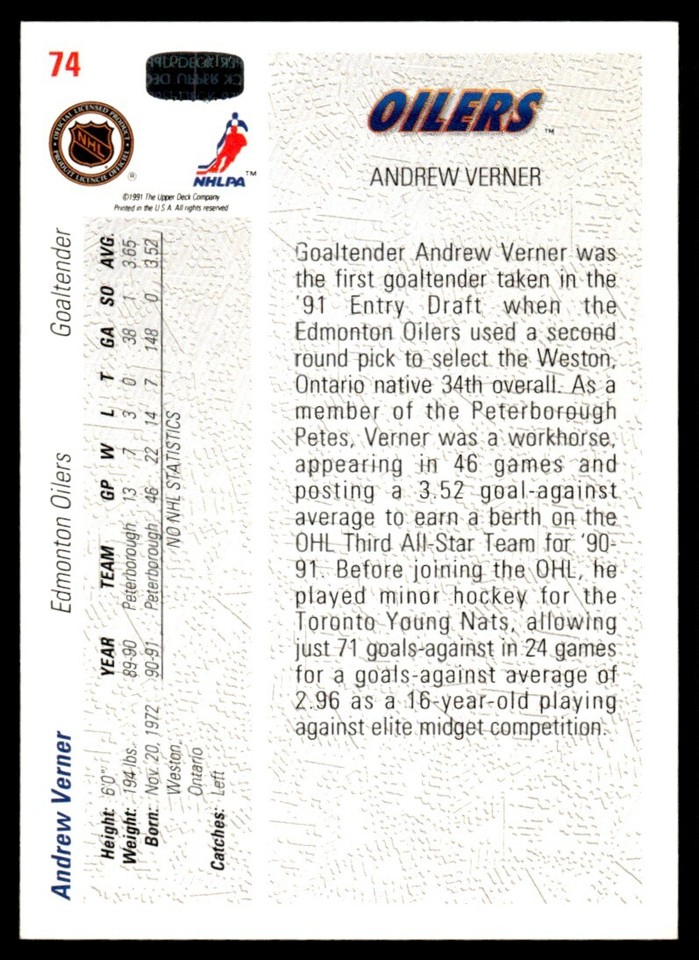 1991-92 Upper Deck Draft Choice #74 Andrew Verner Rookie Edmonton ...
