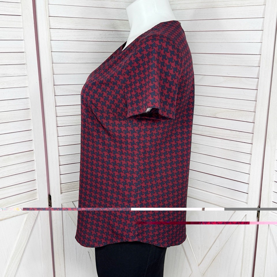 Merona Blouse Women XL Red Blue Herringbone Print Short Sleeve Popover ...