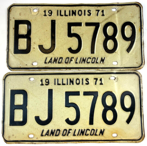 Vintage Illinois 1971 License Plate Set Man Cave BJ 5789 Collector Wall ...