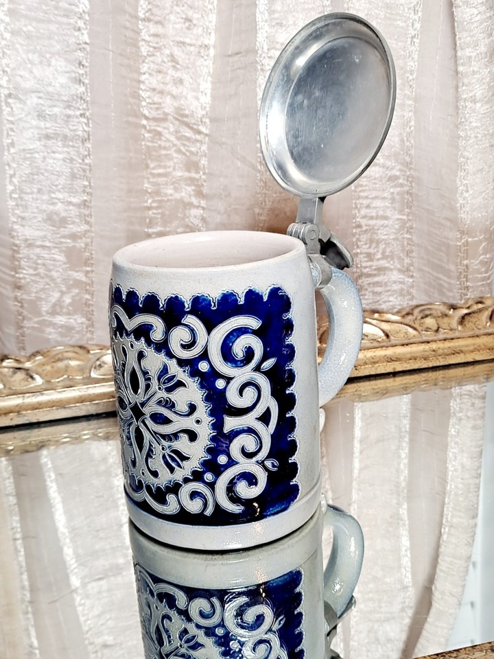 Authentic Mid Century German Cobalt Blue Salt Glazed Beer Stein w ...