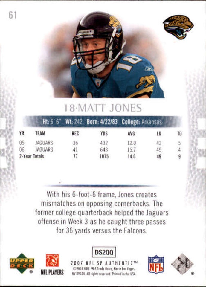 2007 SP Authentic #61 Matt Jones Jaguars NM-MT | eBay